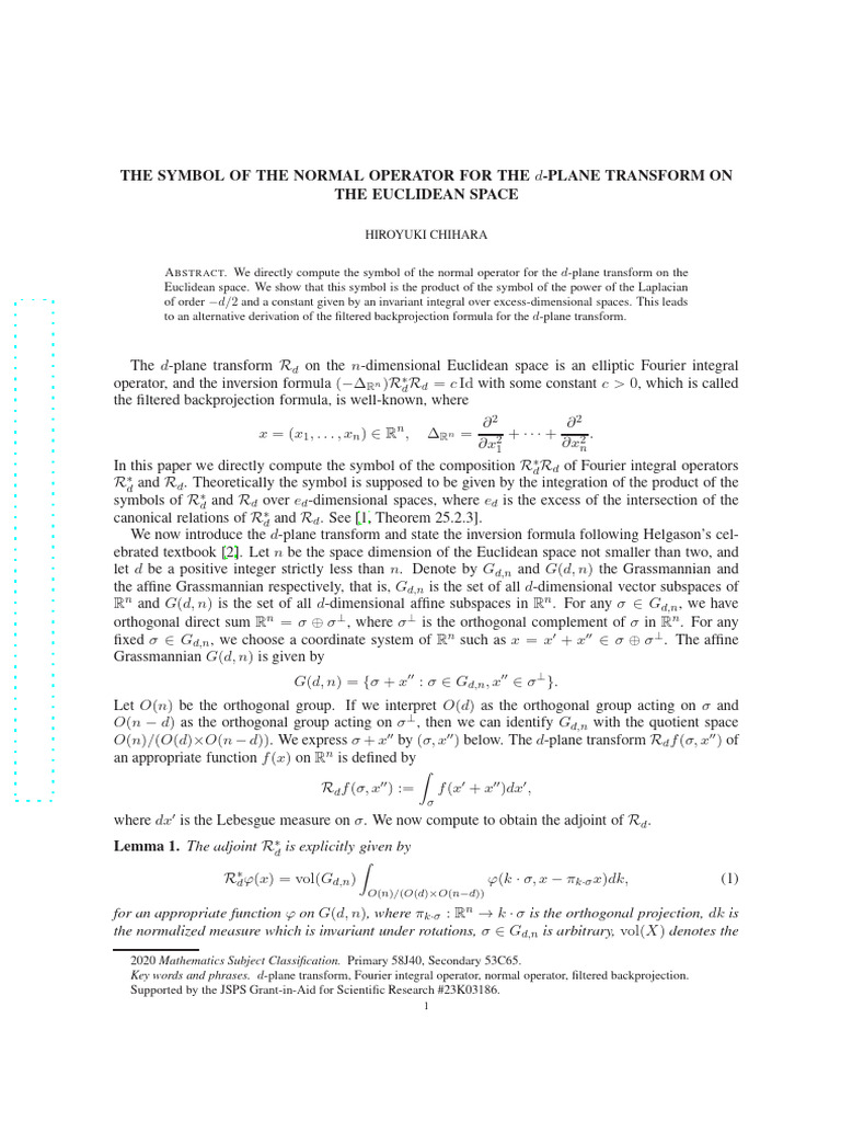 The Symbol of The Normal Operator For The D-Plane Transform On The Euclidean Space | PDF ...