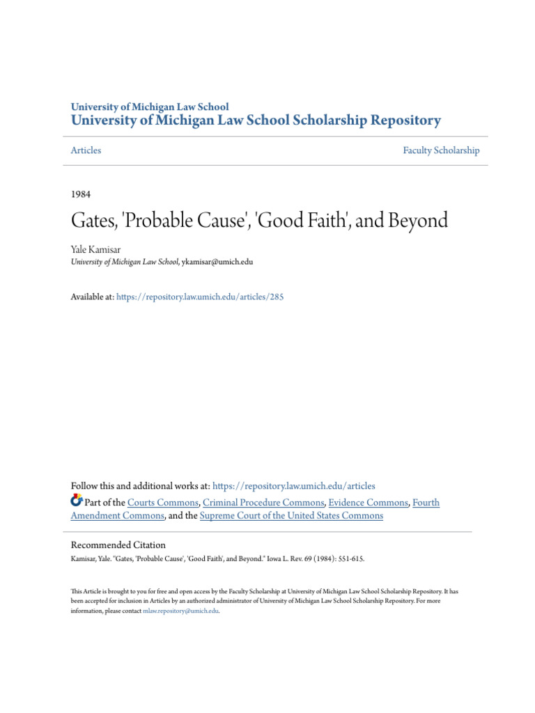 Gates Probable Cause Good Faith and Beyond - Kamisar 1984 | PDF ...