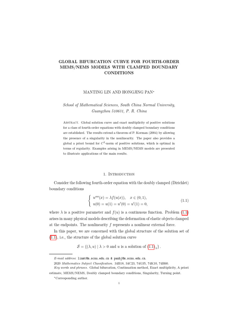 Global Bifurcation Curve For Fourth-Order MEMS-NEMS Models With Clamped ...