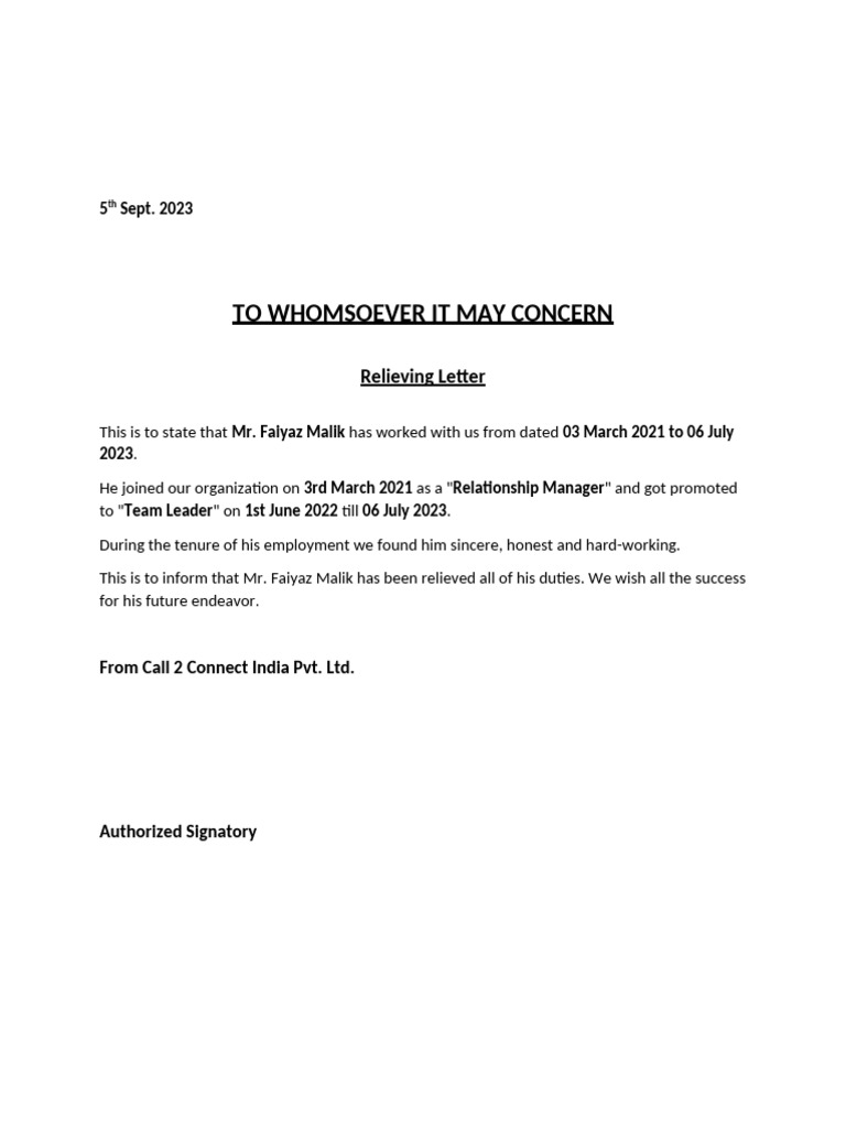 Relieving Letter | PDF