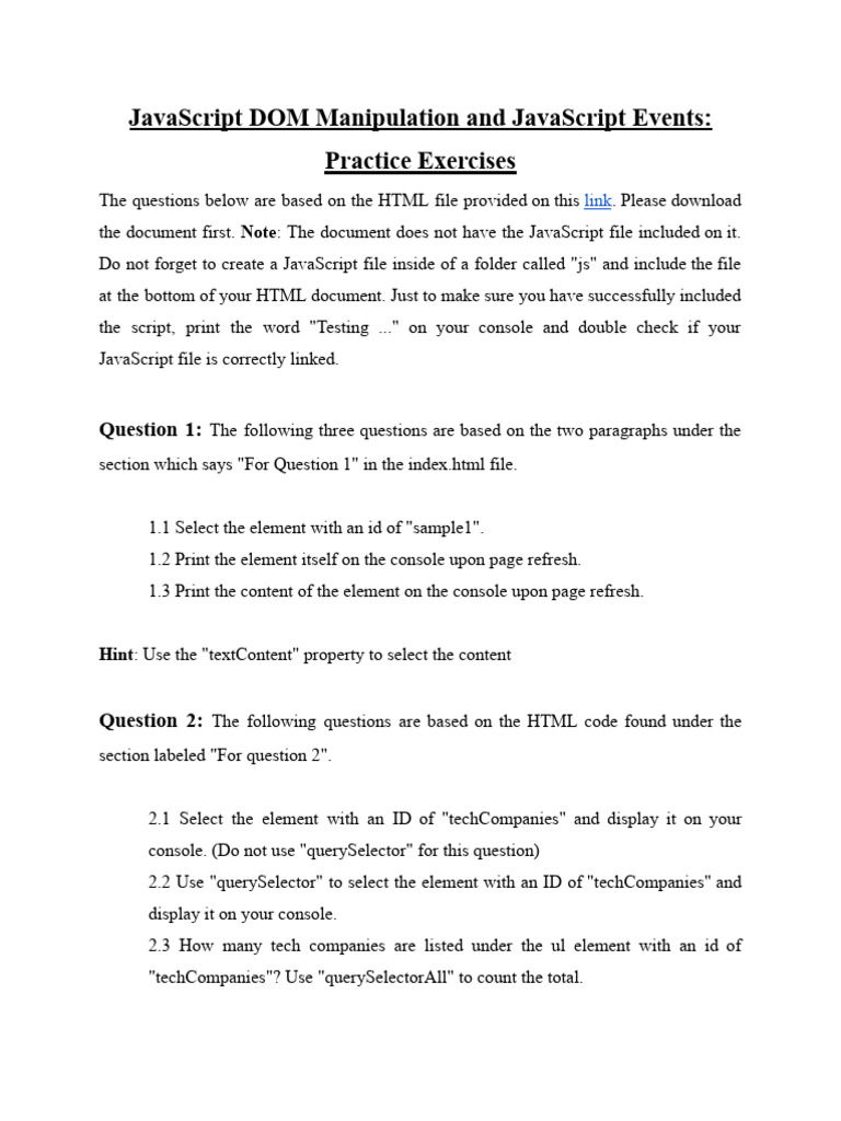 JavaScript DOM & Events Exercises | PDF | Java Script | Document Object ...