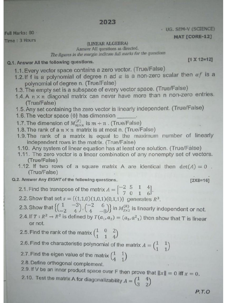 Linear Algebra C12 Question 2023 of KU | PDF