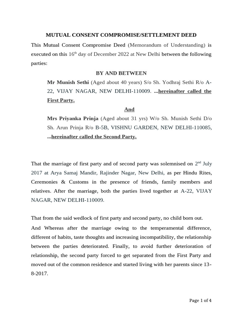 MOU Settlement Deed Priyanka Vs Munish Sethi | PDF | Alimony | Marriage