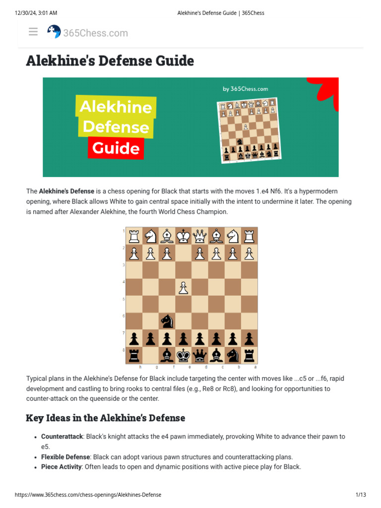 Alekhine's Defense Guide | PDF | Chess Openings | Chess Theory
