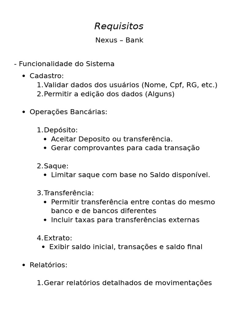Requisitos do Sistema Nexus Bank | PDF