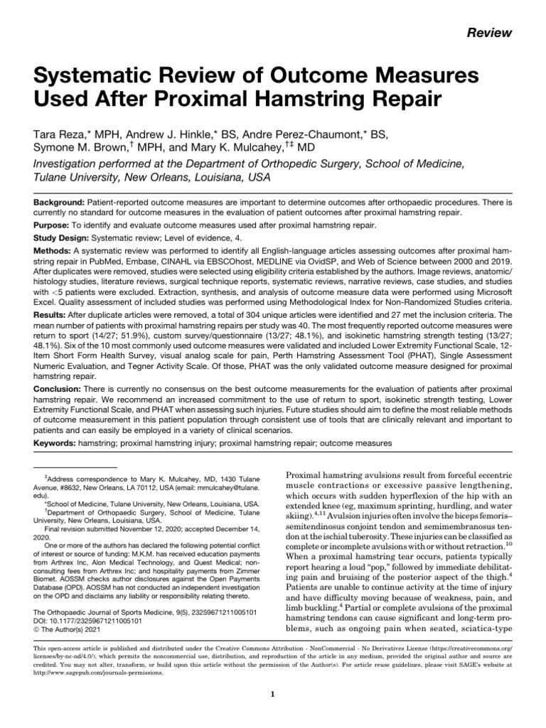 Systematic Review of Outcome Measures Used After Proximal Hamstring ...