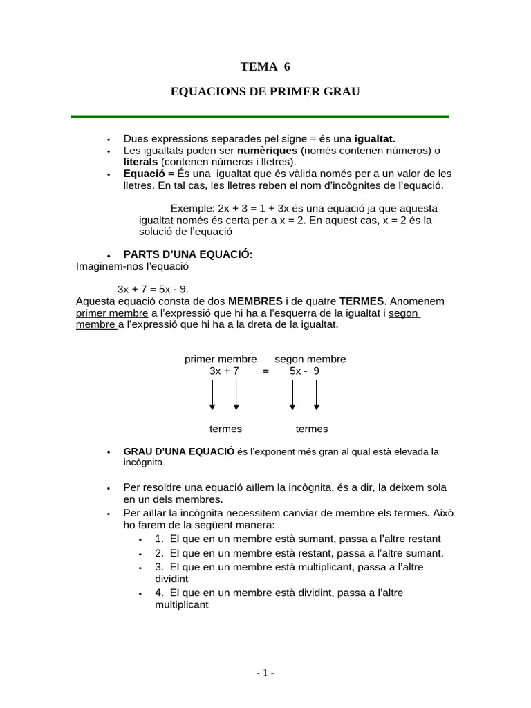 Equacions de Primer Grau Teoria I Exercicis | PDF