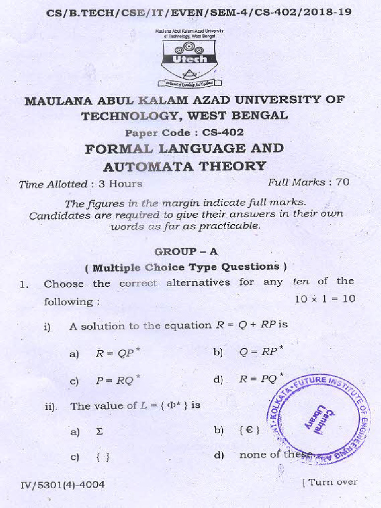 Formal Language and Automata Theory_CS402_2019 | PDF