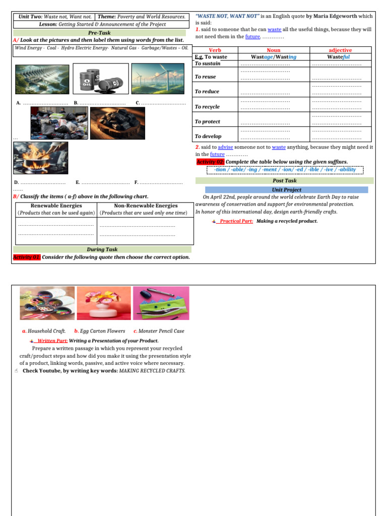 Waste Not, Intro Worksheet | PDF | Waste | Language Families