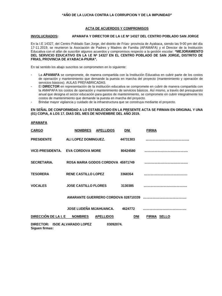 Acta de Compromiso Apafa y Director | PDF