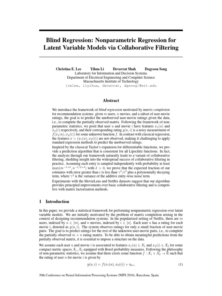 NIPS 2016 - Blind Regression - Nonparametric Regression For Latent Variable Models Via ...