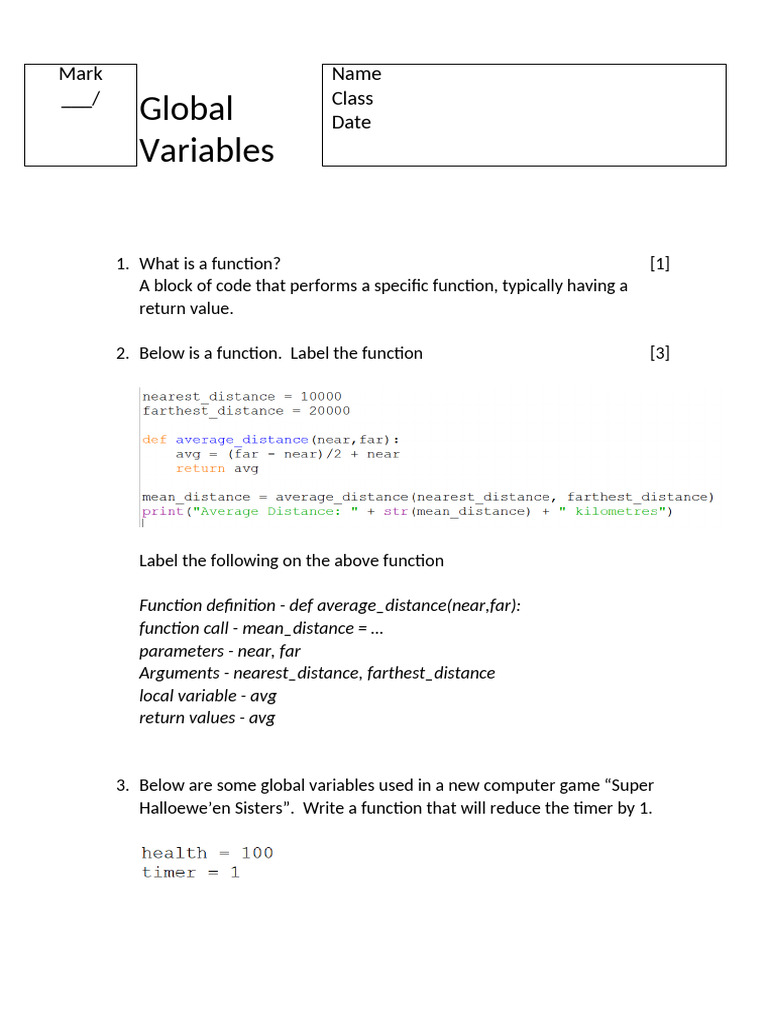 Global Variables Worksheet 1 1 | PDF | Parameter (Computer Programming) | Computer Science