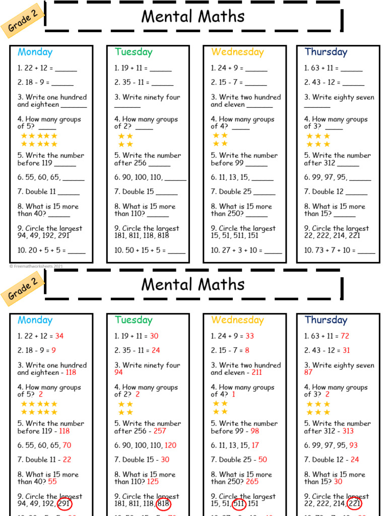 Grade 2 Mental Maths Worksheet 1 | PDF