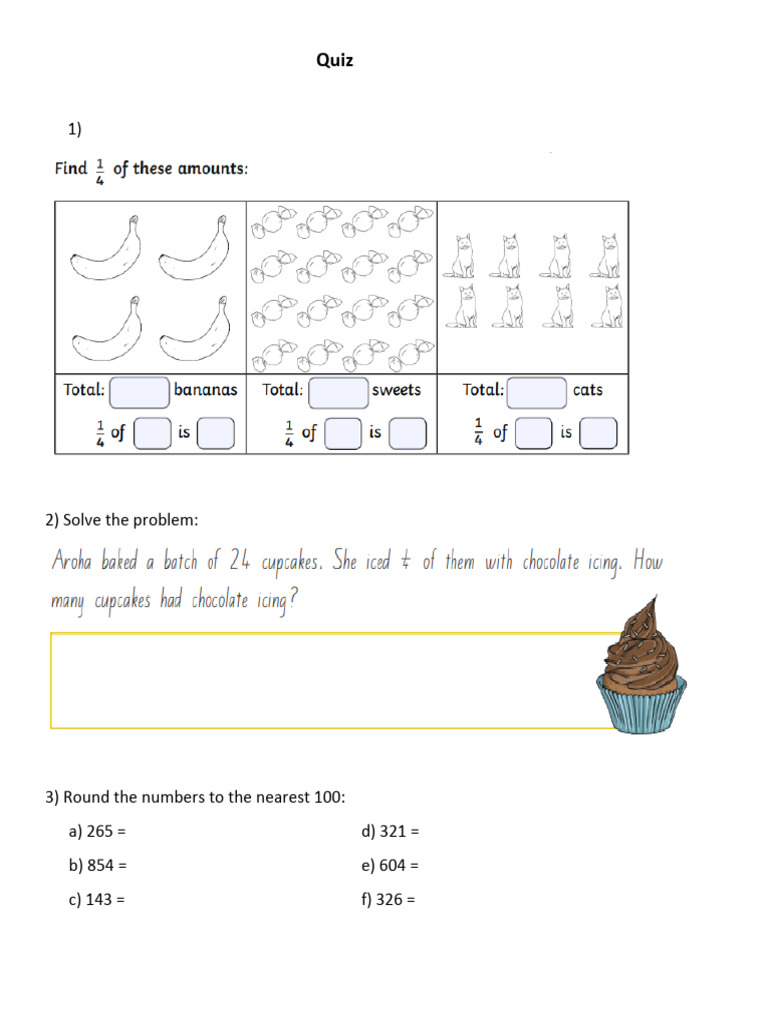 Math Quiz: Rounding, Fractions, Shapes | PDF