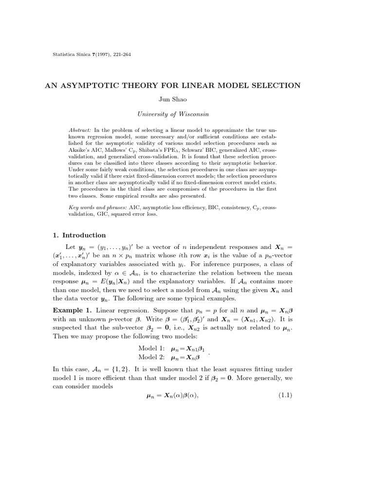 An Asymptotic Theory For Linear Model Selection | PDF | Akaike Information Criterion | Linear ...