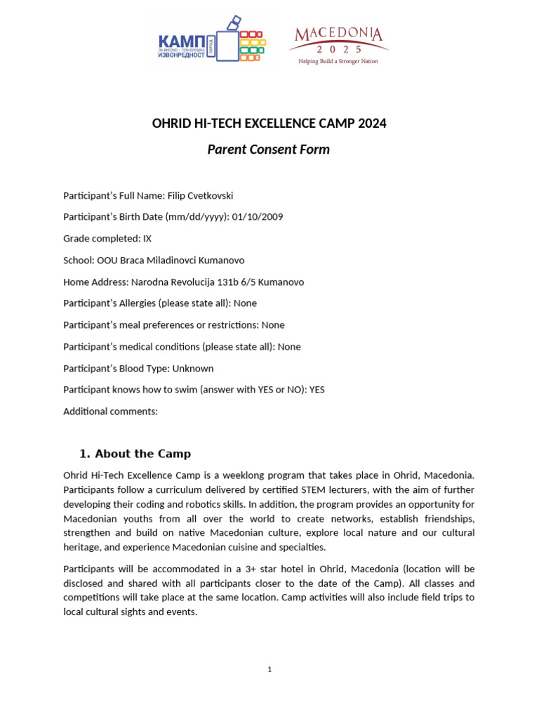 Ohrid Hi-Tech Camp 2024 Consent Form | PDF | Pandemic | Parent