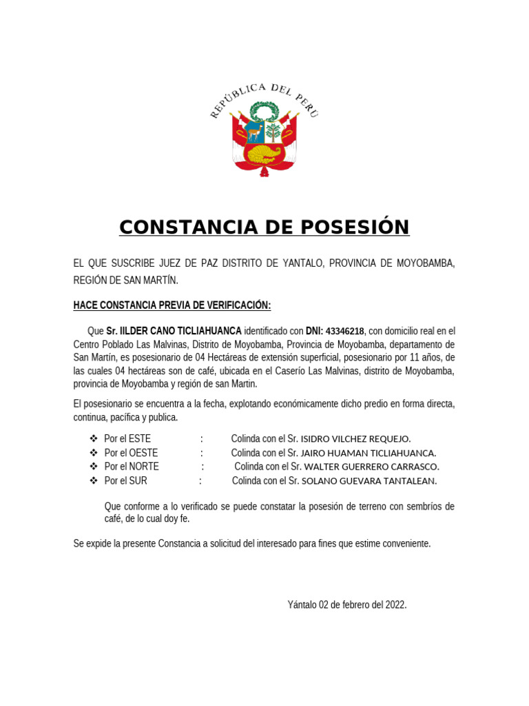 Constancia de Posesión. Ilder | PDF