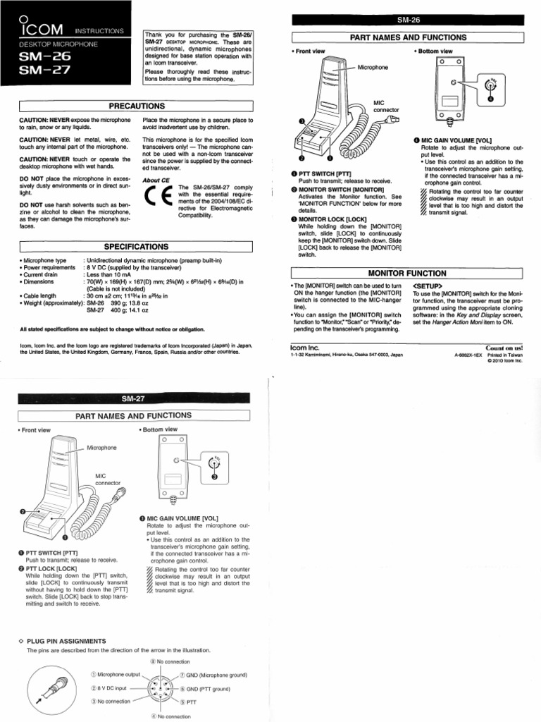 Icom SM-26/SM-27 Microphone Manual | PDF | Microphone | Electrical ...