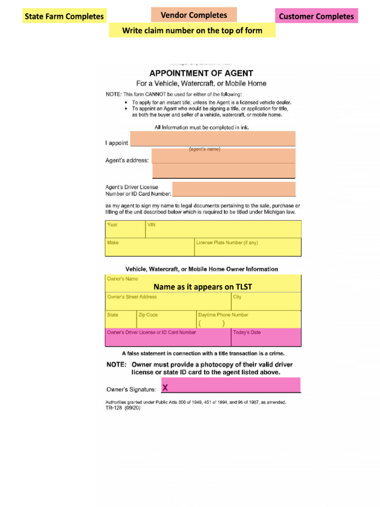 MI Appointment of Agent Power of Attorney Form TR-128 - SF Template | PDF