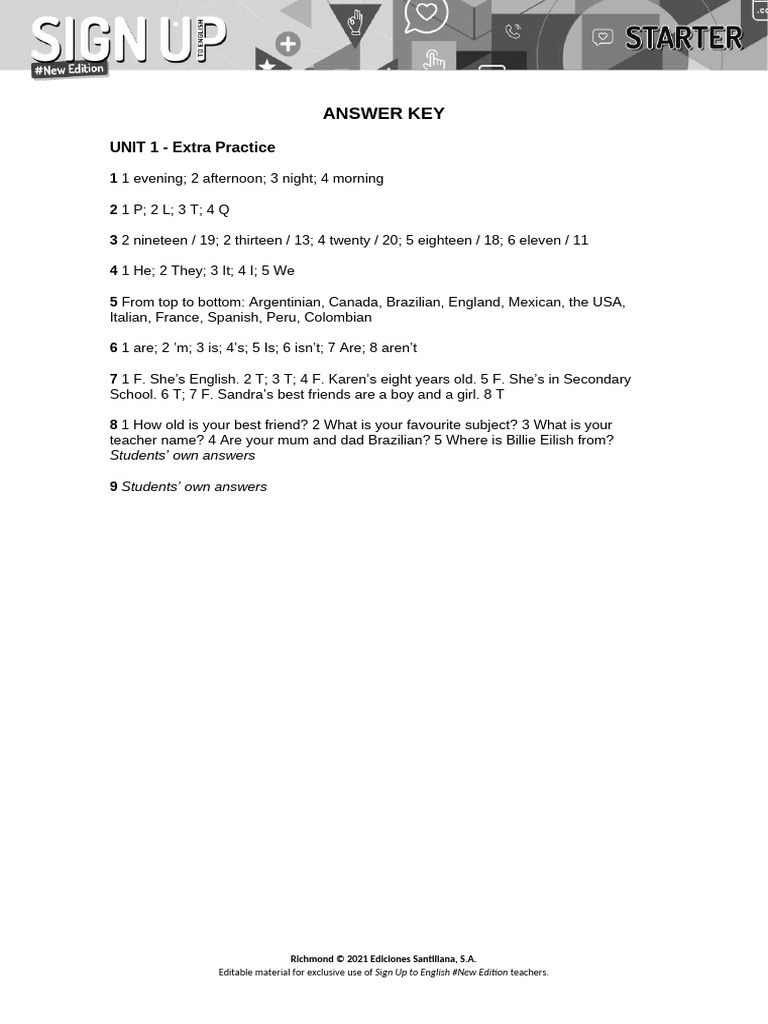 Unit 1 Extra Practice Answer Key | PDF