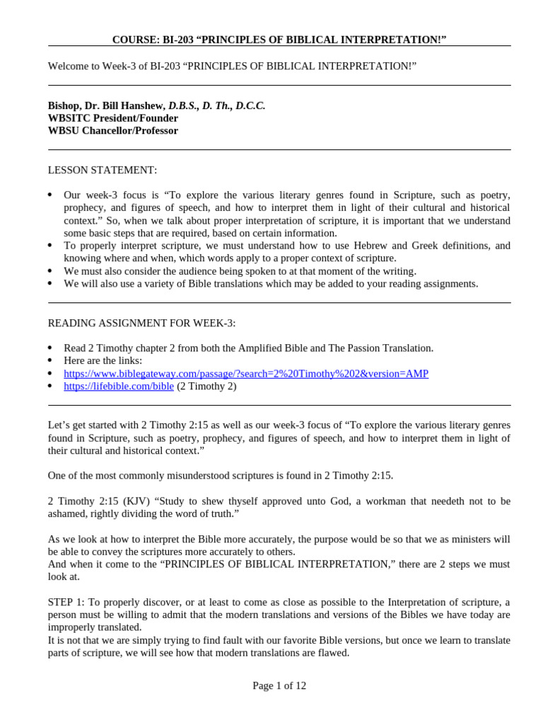 BI-203 PRINCIPLES OF BIBLICAL INTERPRETATION Student Lesson (Week-3 ...