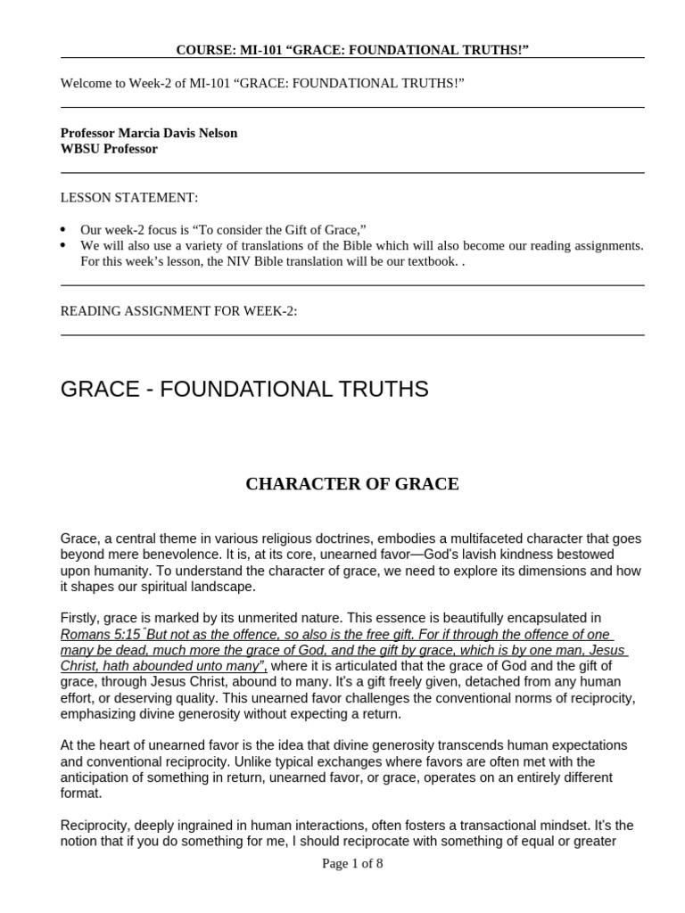 MI-101 GRACE FOUNDATIONAL TRUTHS Student Lesson (Week-2) | PDF | Grace ...