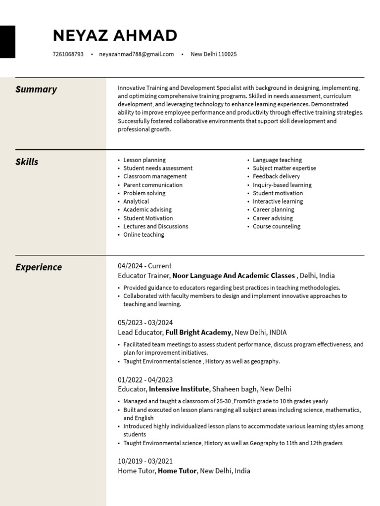 NEYAZ AHMAD CV Educator | PDF | Teachers | Lesson Plan