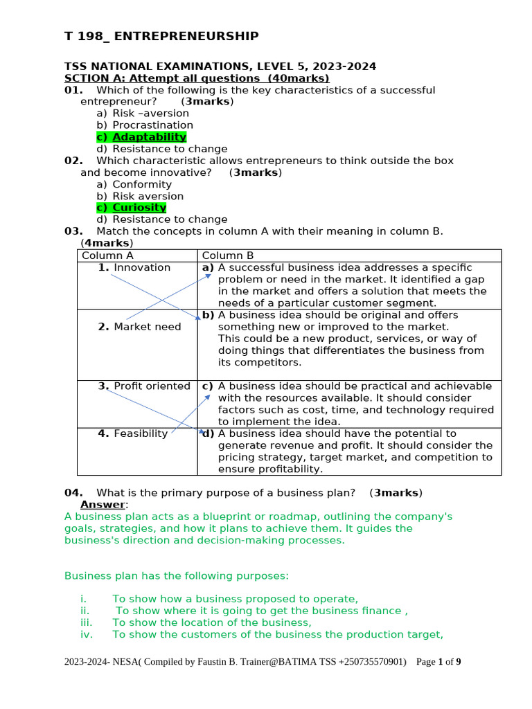 ENTREP. TSS NATIONAL EXAM 03-04_102849 | PDF | Entrepreneurship | Profit (Economics)