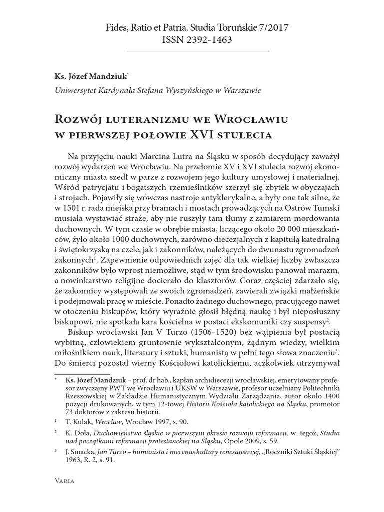 Ks. J. Mandziuk - Rozwój Luteranizmu We Wrocławiu W Pierwszej Połowie ...