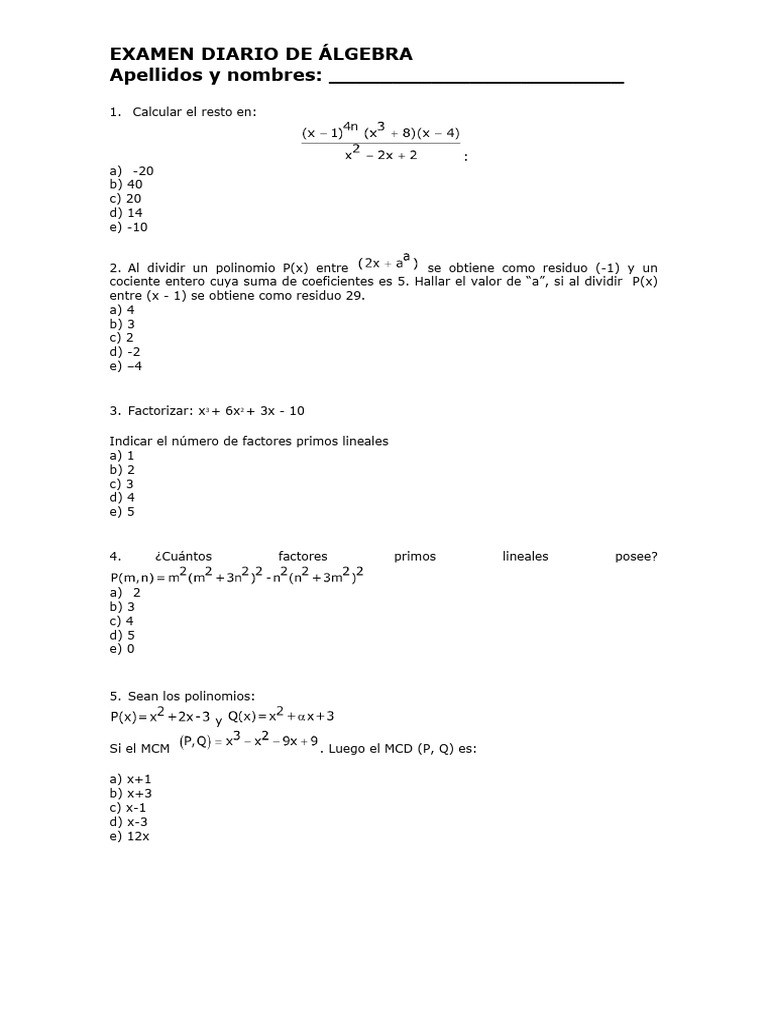 Examen Diario de Álgebra: Problemas y Factores | PDF