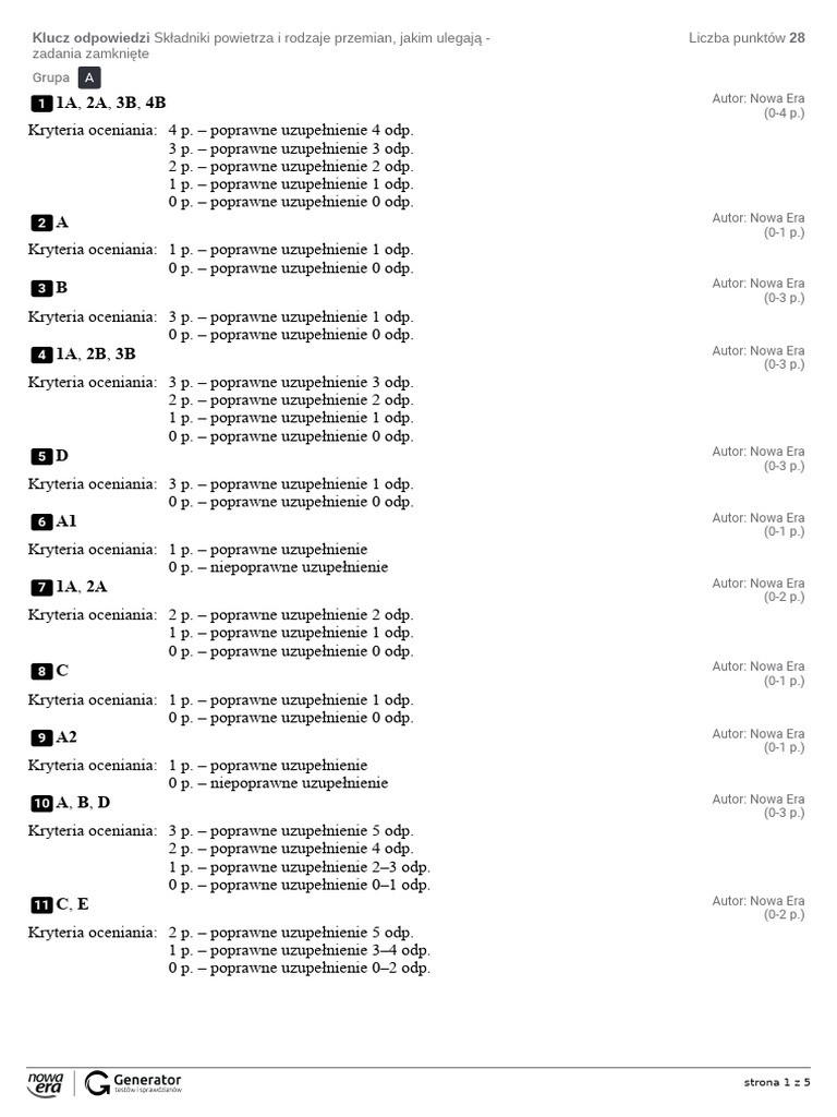 Składniki Powietrza I Rodzaje Przemian, Jakim Ulegają - Zadania Zamknięte Klucz Odpowiedzi | PDF