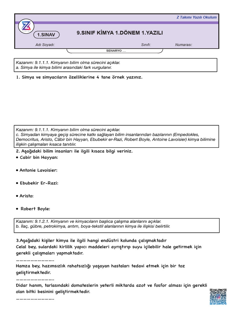 9 Sinif Kimya Ortak Yazili Sorulari Ornek Meschemy 1.donem 1.yazili | PDF