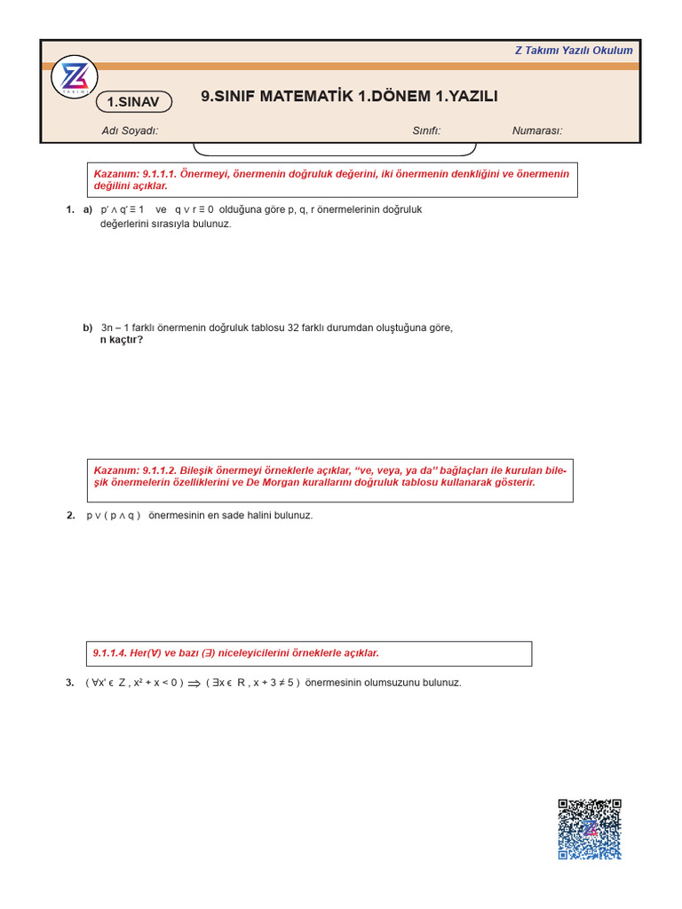 9 Sinif Matematik Ortak Yazili Sorulari Ornek Merkezeteget 1.donem 1.yazili | PDF