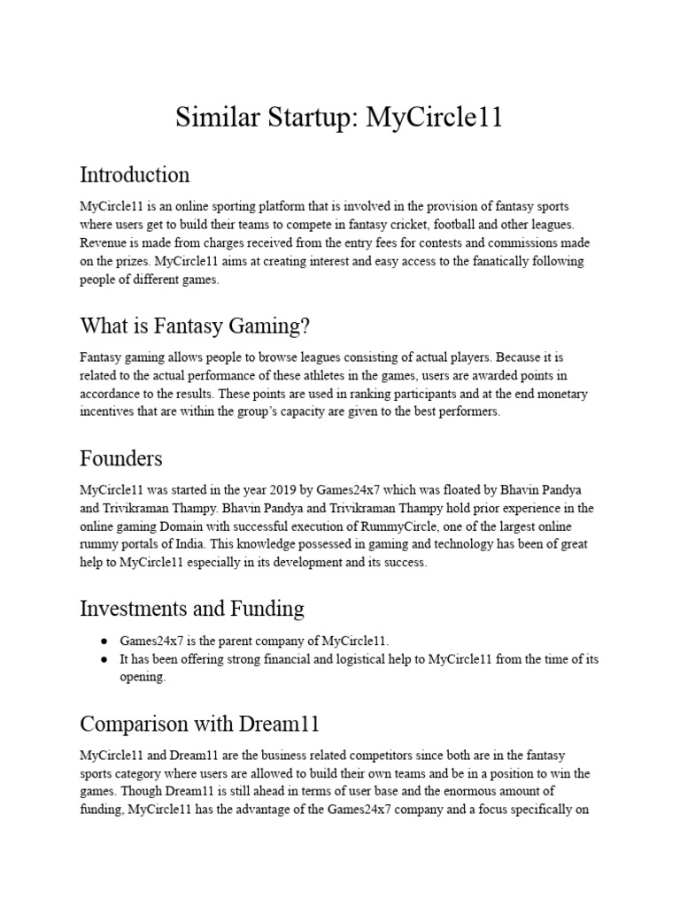 MyCircle11: A Rising Fantasy Sports Platform | PDF