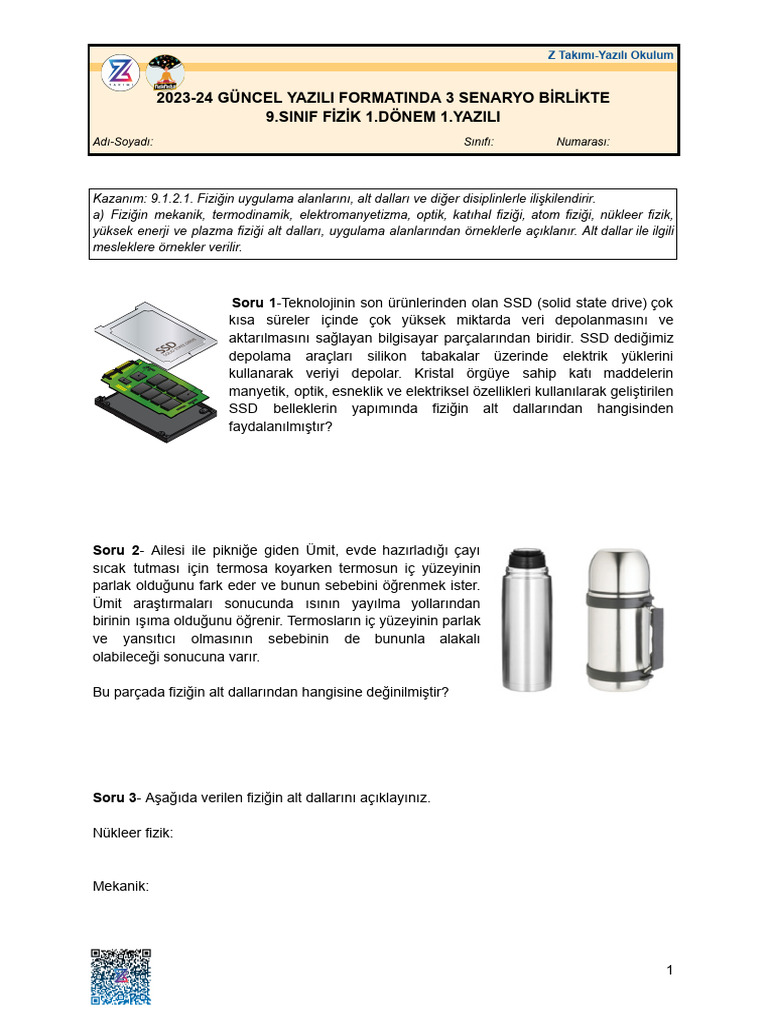 9 Sinif Fizik Ortak Yazili Sorulari Ornek Fizikfinito 1.donem 1.yazili | PDF
