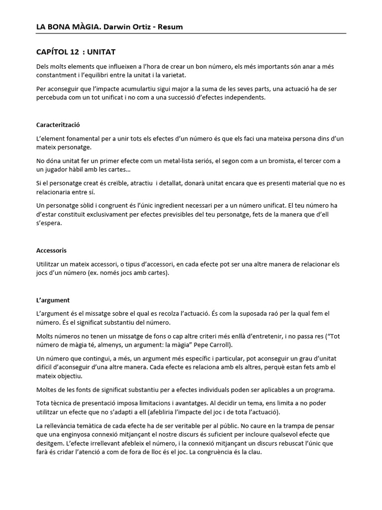 La Bona Màgia - Darwin Ortiz - Resum - 12 Unitat | PDF