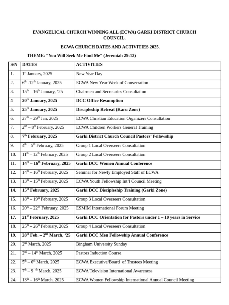 2025 Ecwa Calendar of Acttivities | PDF | Christian Organizations ...