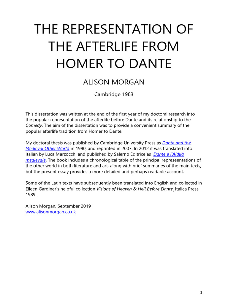 The Representation of the Afterlife from Homer to Dante Alison Morgan ...