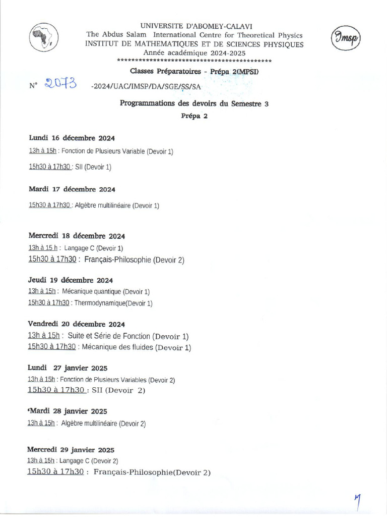 Prepa 2 Devoirs Semestre 1 Programme | PDF