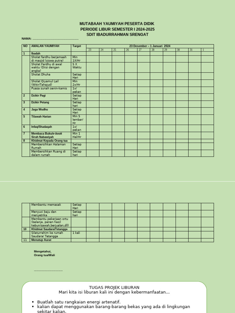 MUTABAAH YAUMIYAH LIBURAN PESERTA DIDIK | PDF