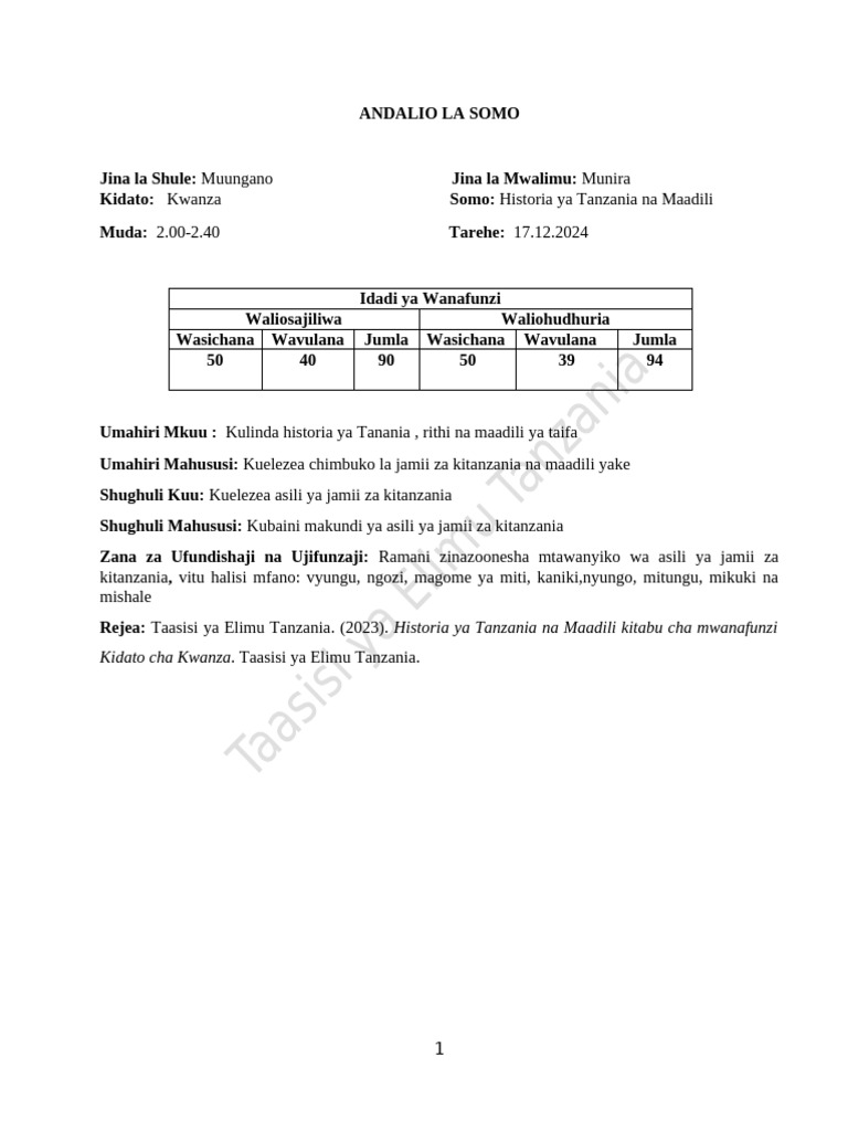 Andalio La Somo Sekondari Mfano | PDF