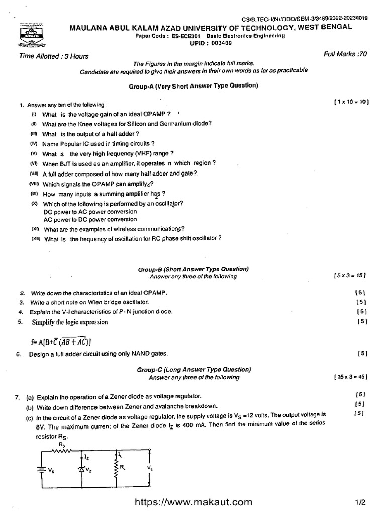 Btech Es Ece 3 Sem Basic Electronics Engineering Es Ece301 2023 | PDF