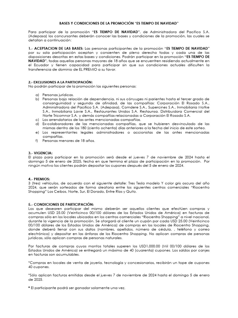 Bases y Condiciones Riocentro Shopping Navidad 2024 | PDF | Cupón