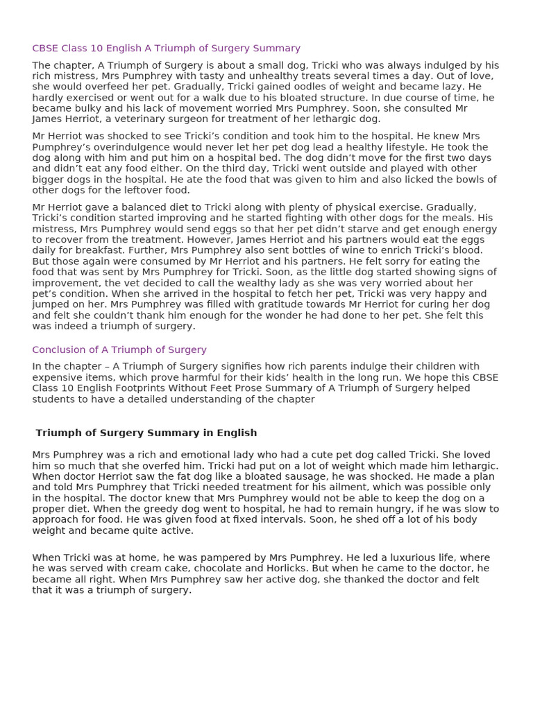 CBSE Class 10 English A Triumph of Surgery Summary | PDF