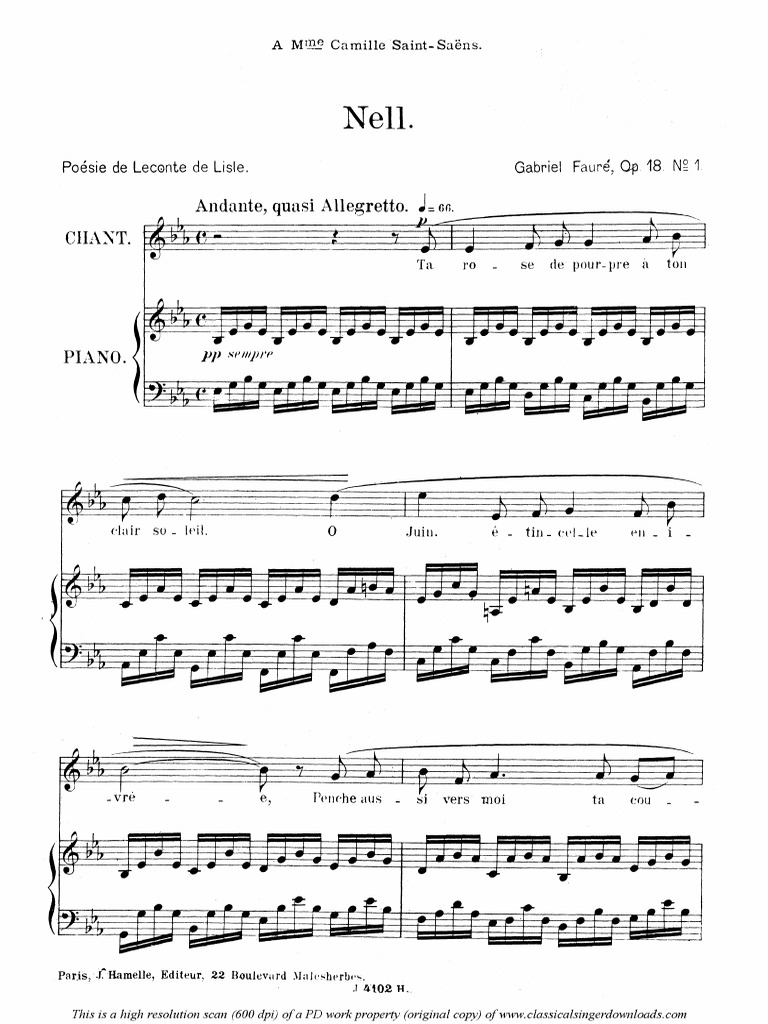 Nell Op 18 No 1 in E Flat Major G Faure Medium Voice Ed Hamelle PD 5pp 2 | PDF