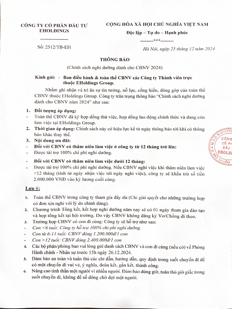 Thông báo CS nghỉ dưỡng dành cho CBNV 2024 | PDF