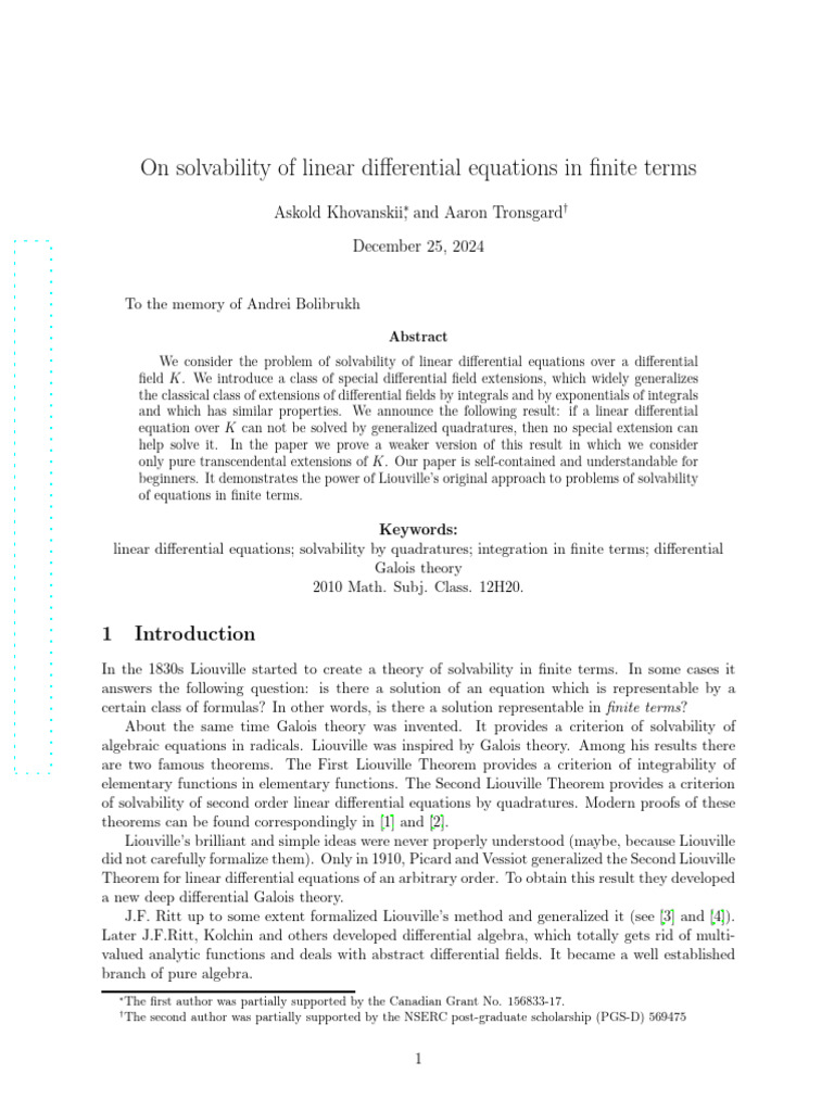 On Solvability of Linear Differential Equations in Finite Terms | PDF ...