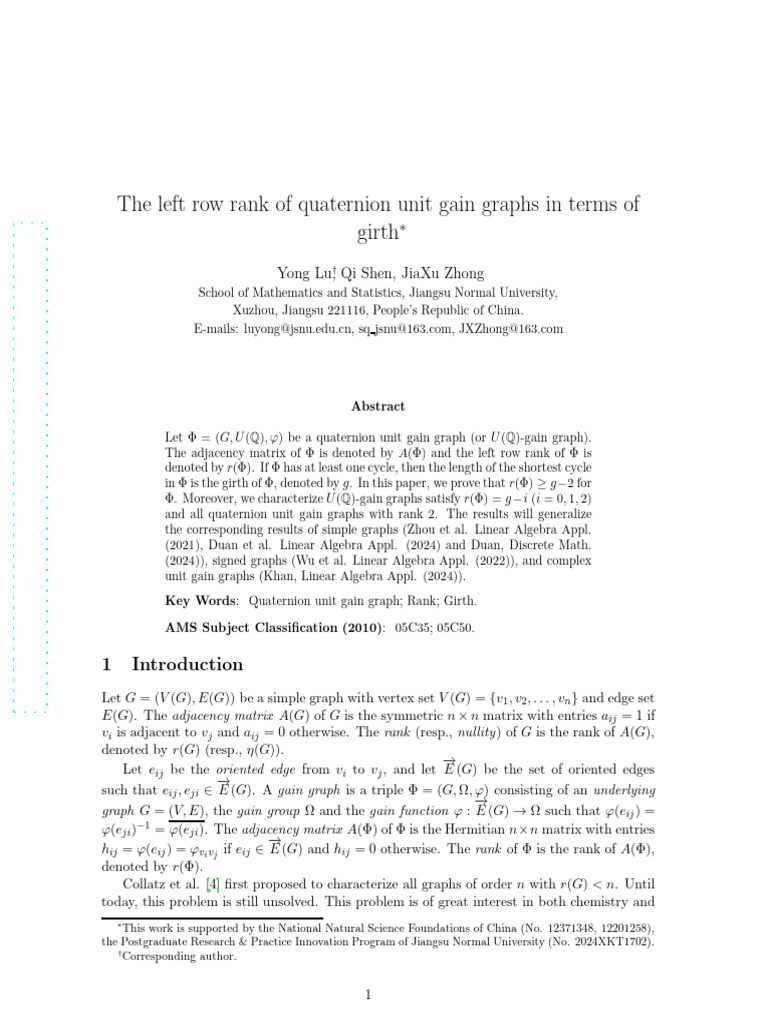 The Left Row Rank of Quaternion Unit Gain Graphs in Terms of Girth ...