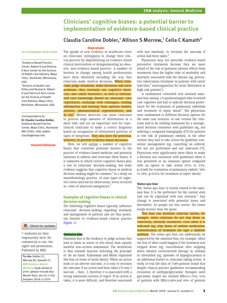 Clinicians' Cognitive Biases - A Potential Barrier To Implementation of ...