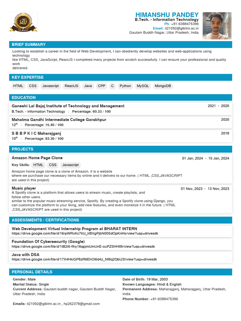 Web Developer Resume of Himanshu Pandey | PDF | Web Development | Cyberspace